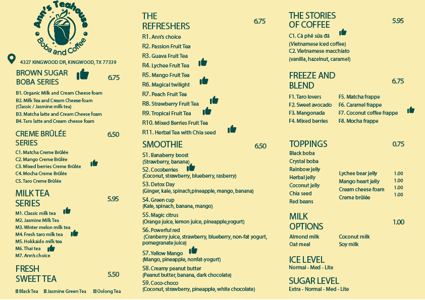 Ann Tea House | Menu